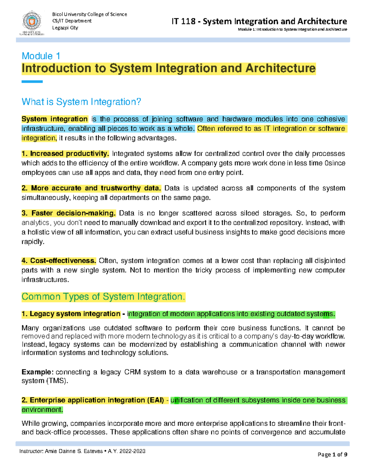 IT 118 - SIA - Module 1 - System Integration and Architecture - CS/IT ...
