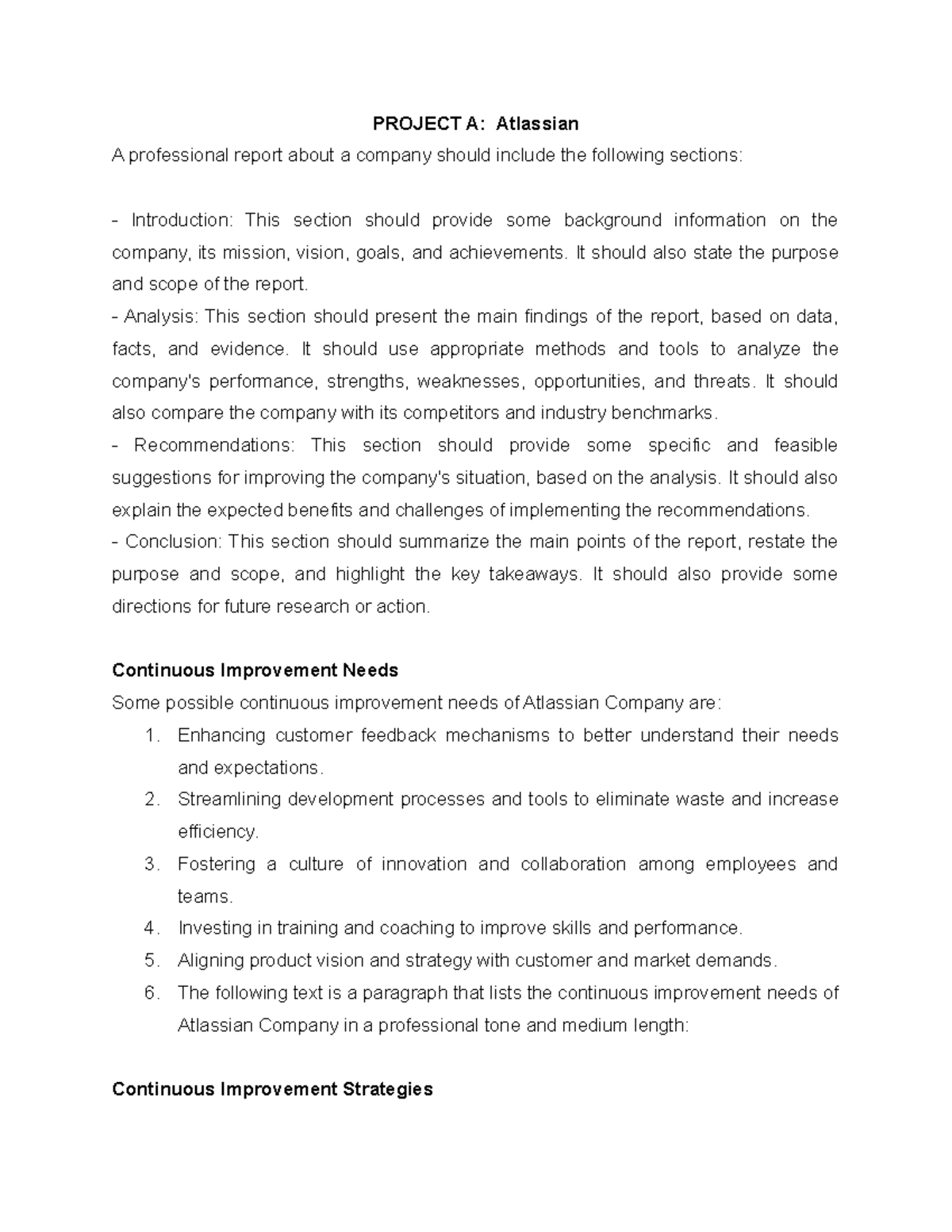 Project A - Continuous Improvement - PROJECT A: Atlassian A ...