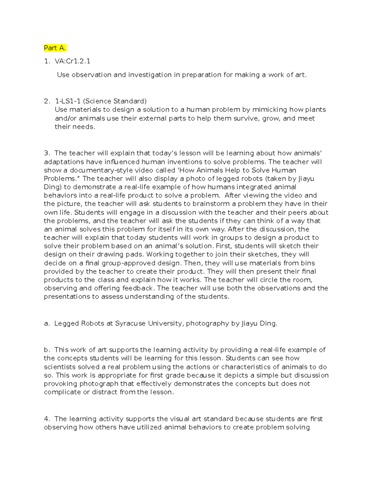 Arts Methods Task 1 - Passed first try. - Part A. VA:Cr1. Use ...