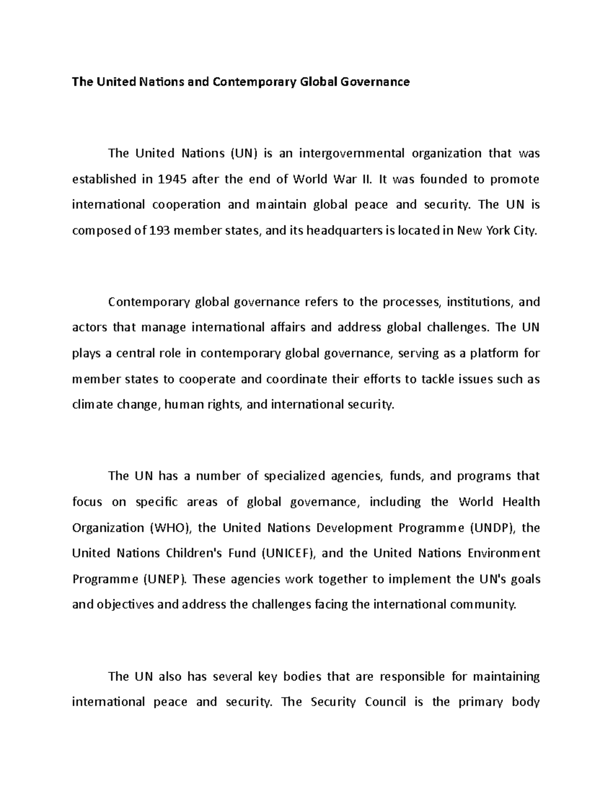 The United Nations and Contemporary Global Governance - It was founded ...