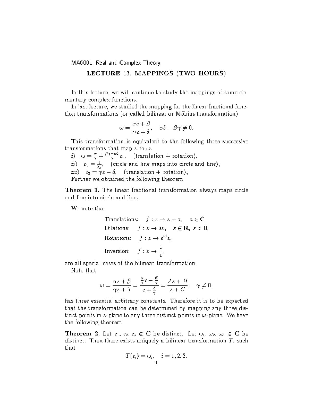 Lecture notes 13 - Real and Complex Function Theory - MA6001, Real and ...