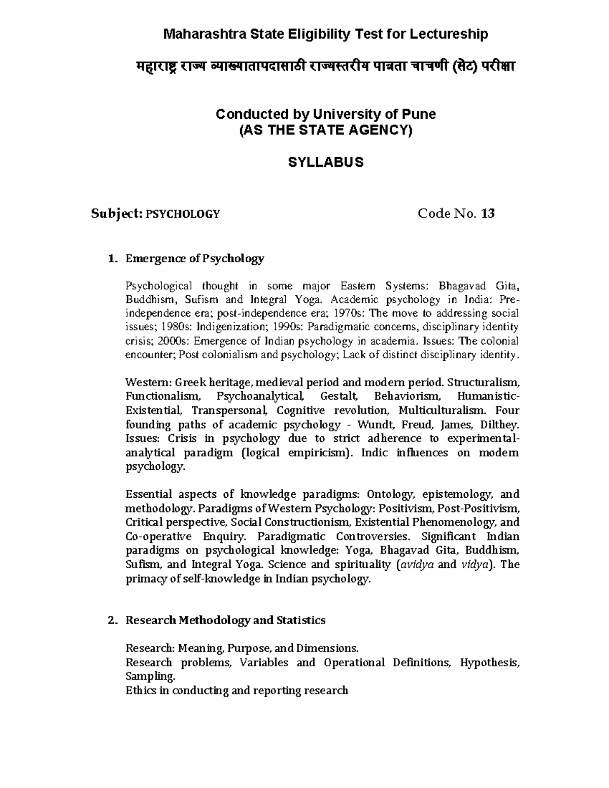 Psychology SET syllabus - Subject: PSYCHOLOGY Code No. 13 Emergence of ...