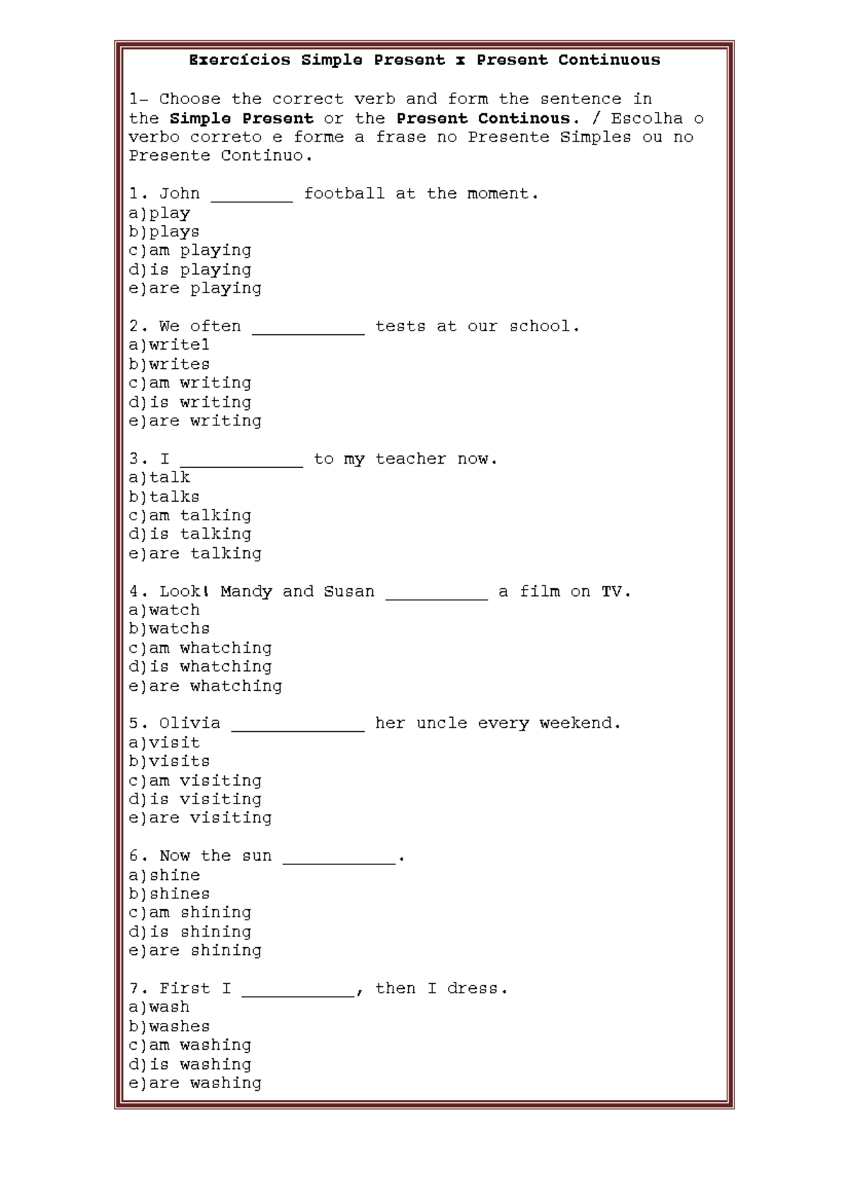 Inglês Ficha de trabalho nº 1 - Present Simple vs Present Continuous ...