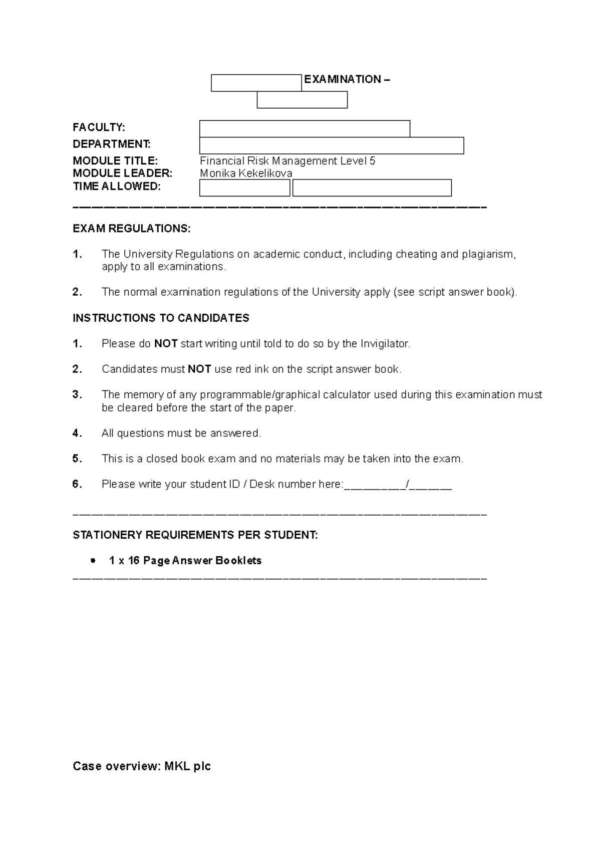 Financial Risk Management Exam - Studocu