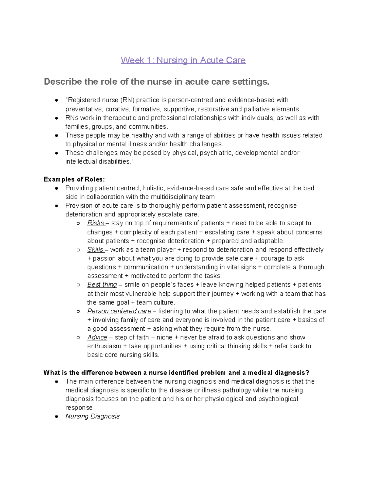 HNN227 Notes - Week 1: Nursing in Acute Care Describe the role of the ...
