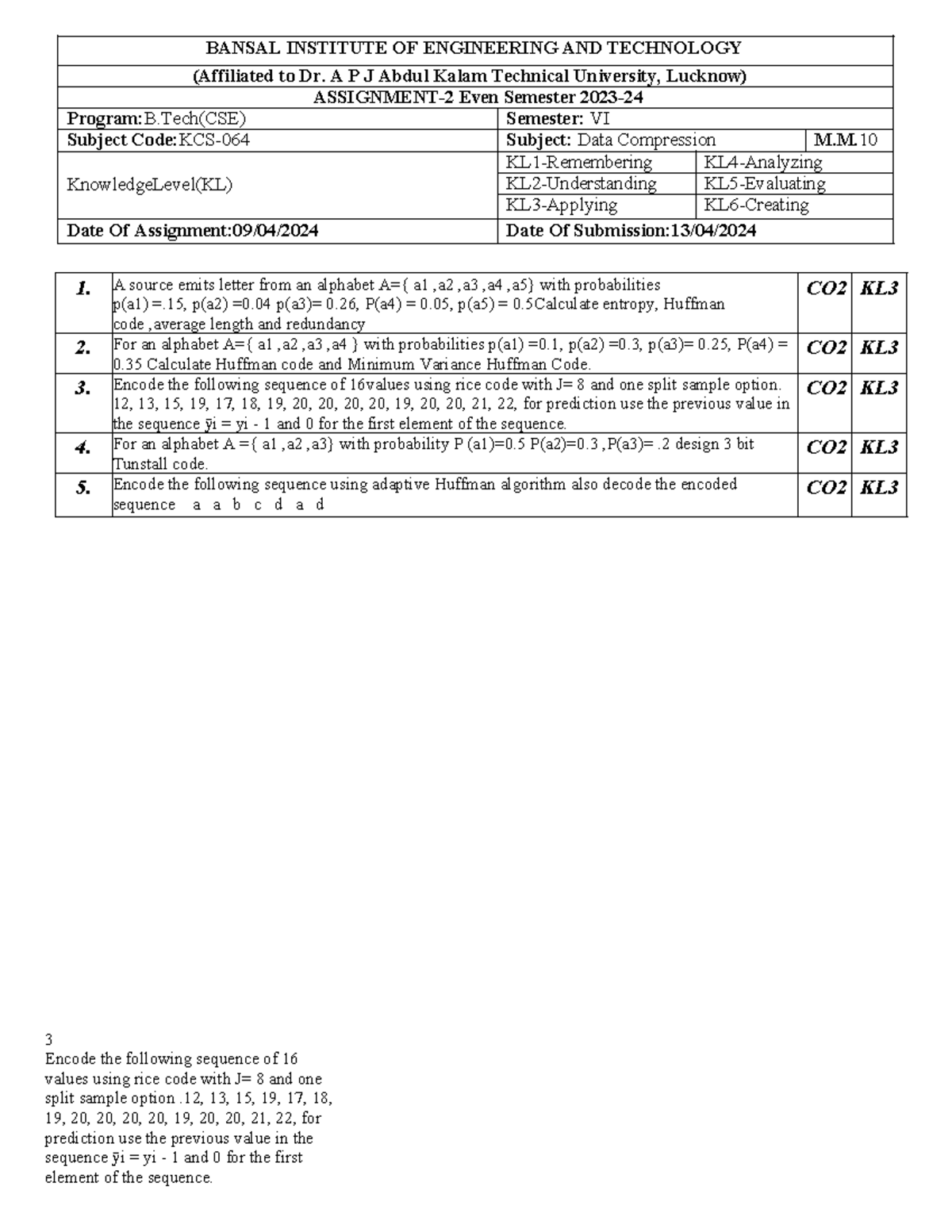 DC Assignment 2 - BANSAL INSTITUTE OF ENGINEERING AND TECHNOLOGY (Affiliated to Dr. A P J Abdul ...