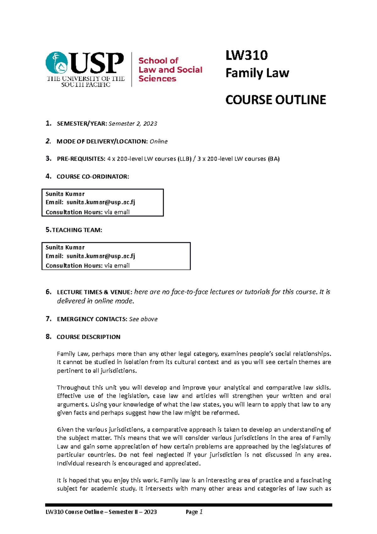 LW310 SEM II 2023 Course Outline - LW Family Law COURSE OUTLINE 1 ...