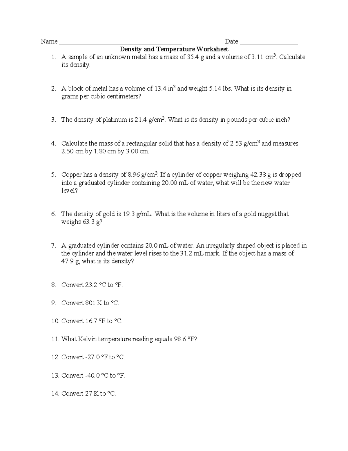 Density and temp worksheet - Name ...