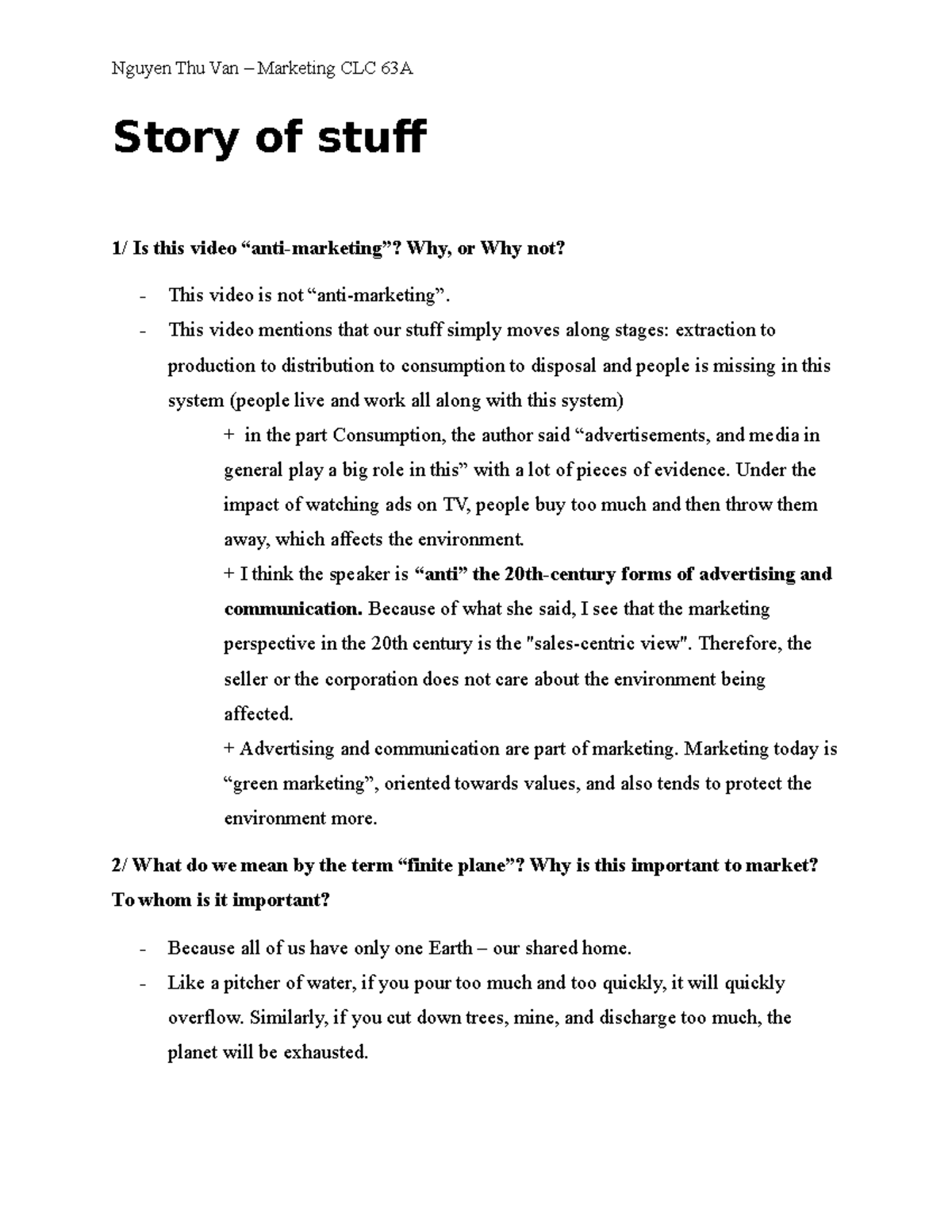 Nguyễn Thu Vân Marketing CLC 63A story of stuff - Story of stuf 1/ Is ...