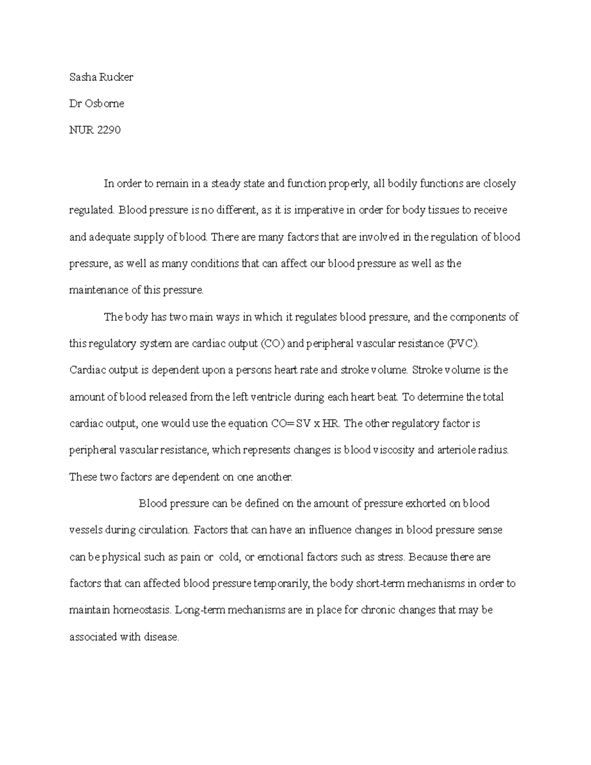 HW week 13 - 2 pg paper on BP regulation - Sasha Rucker Dr Osborne NUR ...