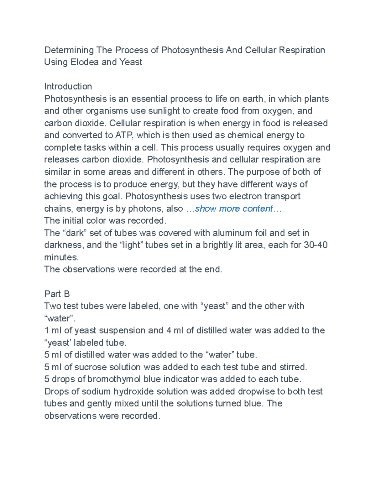 Photosynthesis And Cellular Respiration Lab Report - Determining The ...