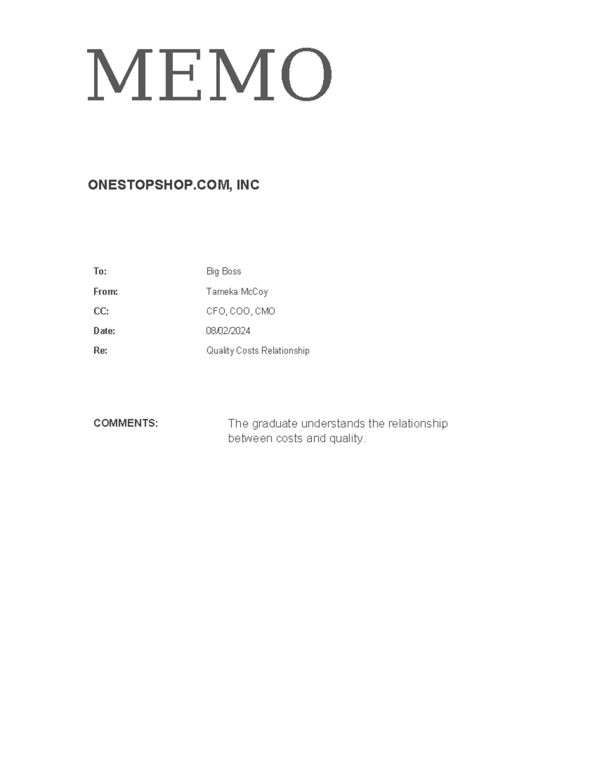 QHT1 - Task 1- Memorandum - MEMO ONESTOPSHOP, INC To: Big Boss From ...