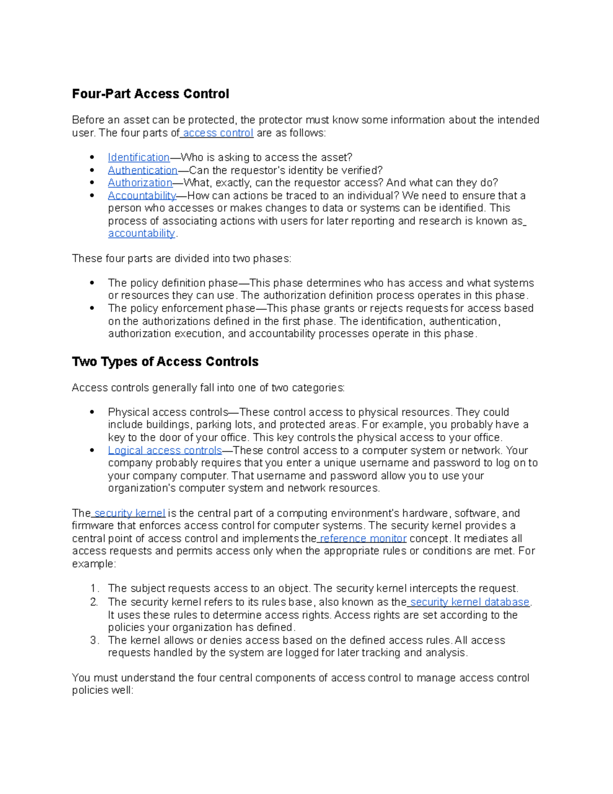 Notes for mod 3 reading - Four-Part Access Control Before an asset can ...