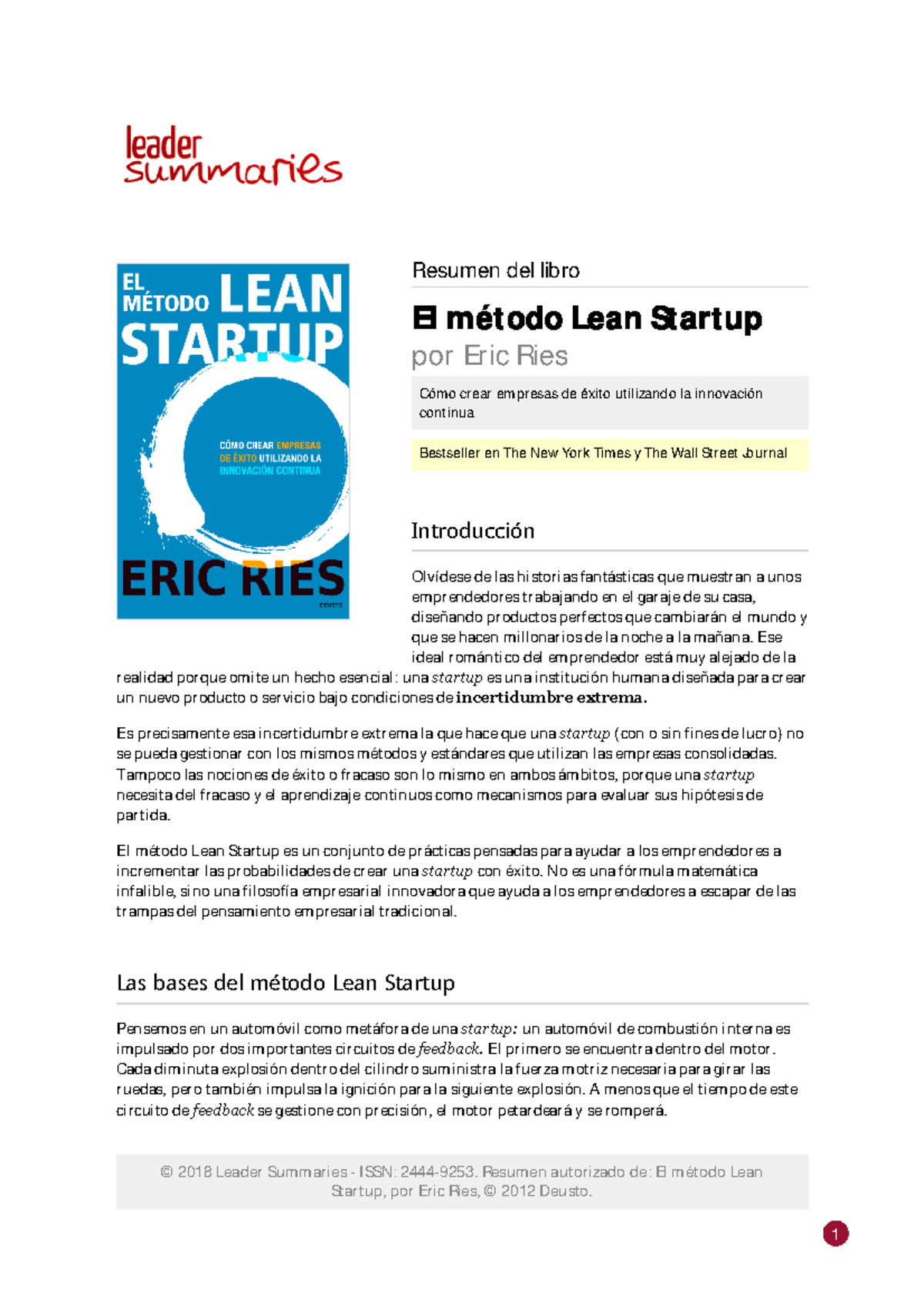 Resumen del Libro El Método Lean Startup - © 2018 Leader Sum m aries ...