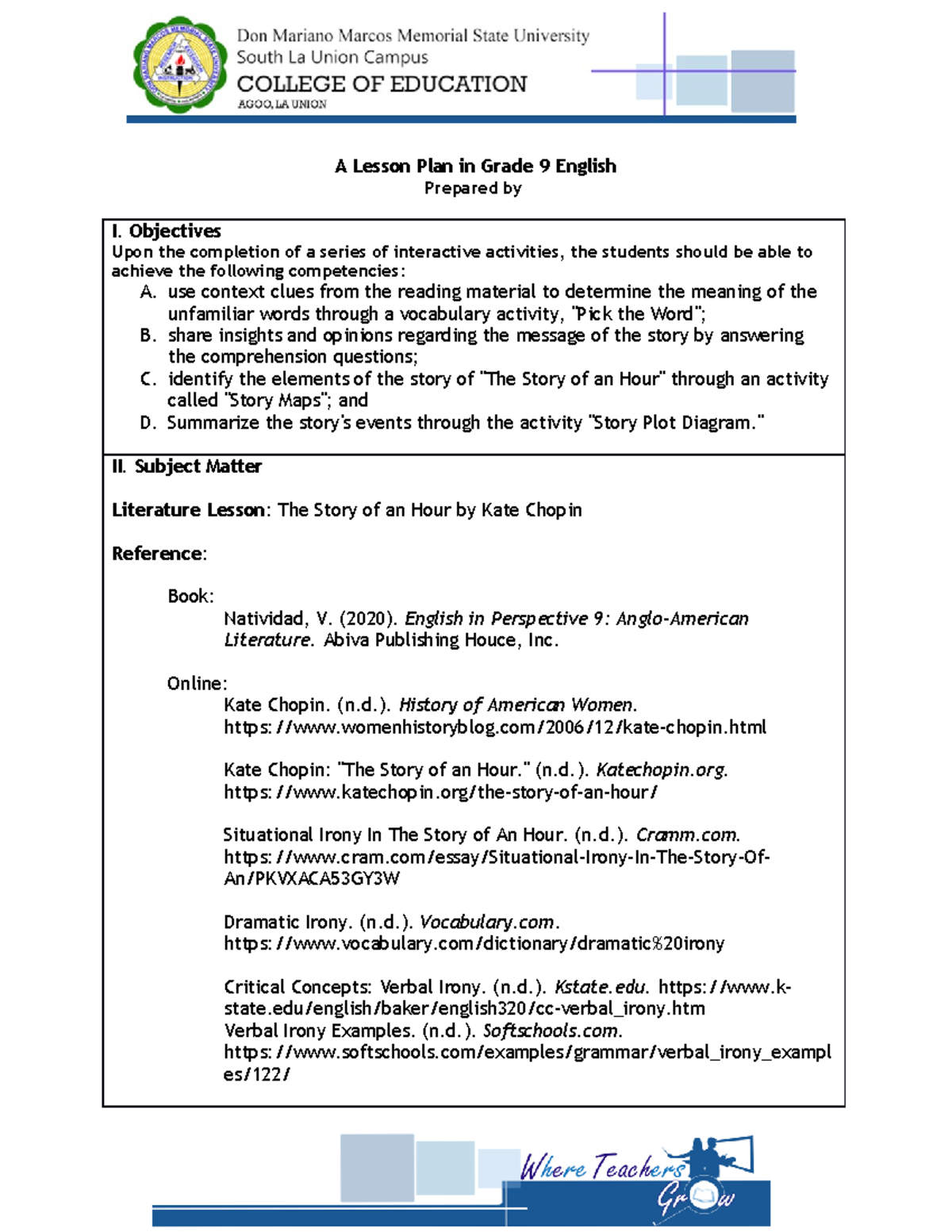 Final DEMO Lesson PLAN THE Story OF AN HOUR - A Lesson Plan in Grade 9 ...
