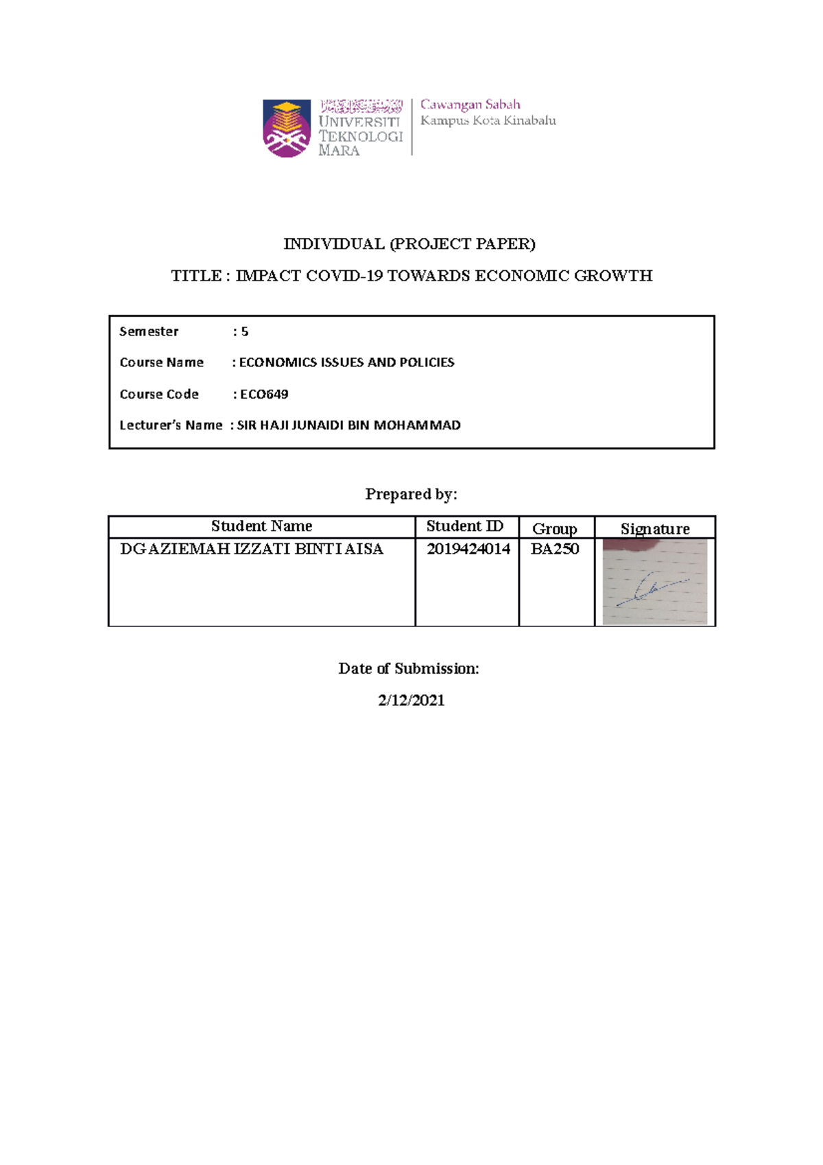 ECO649 ( Project Paper) - INDIVIDUAL (PROJECT PAPER) TITLE : IMPACT ...