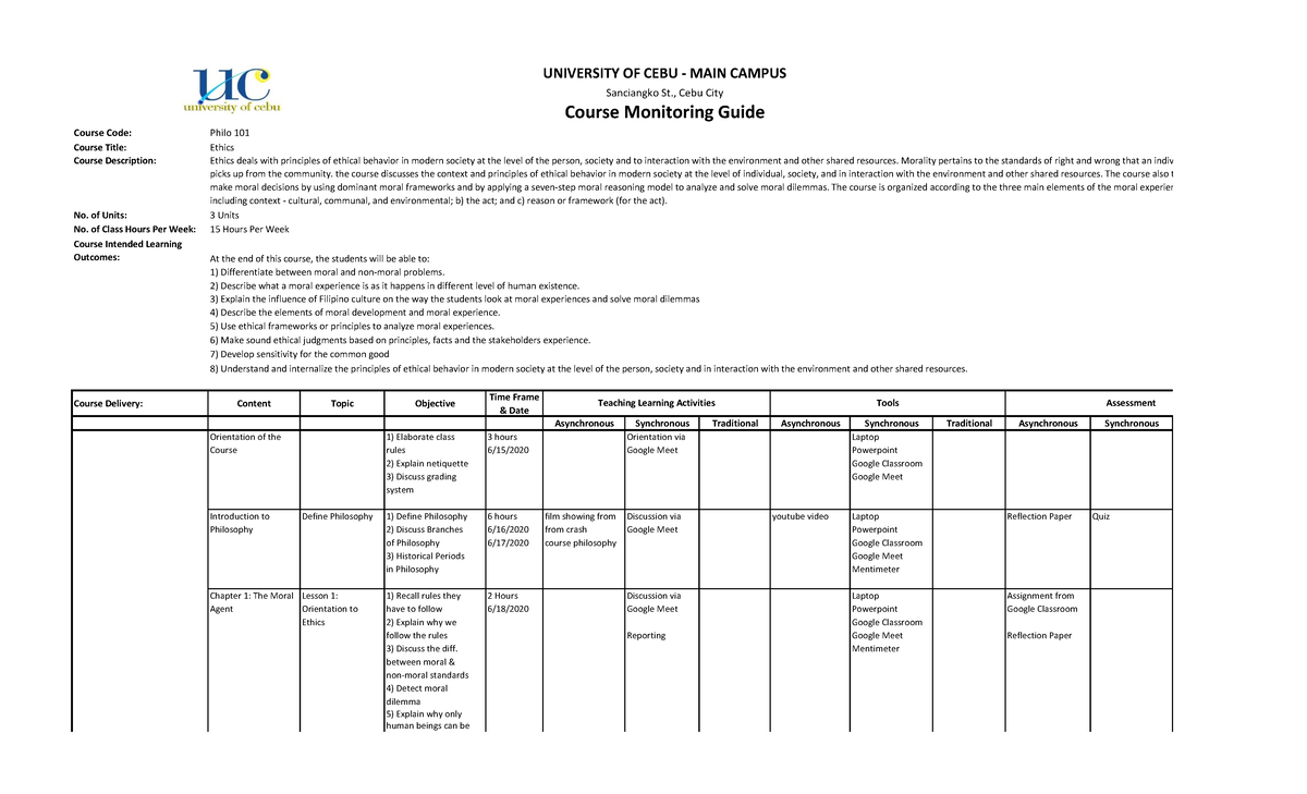 Philo 101 Course Monitoring Guide - Course Code: Philo 101 Course Title ...