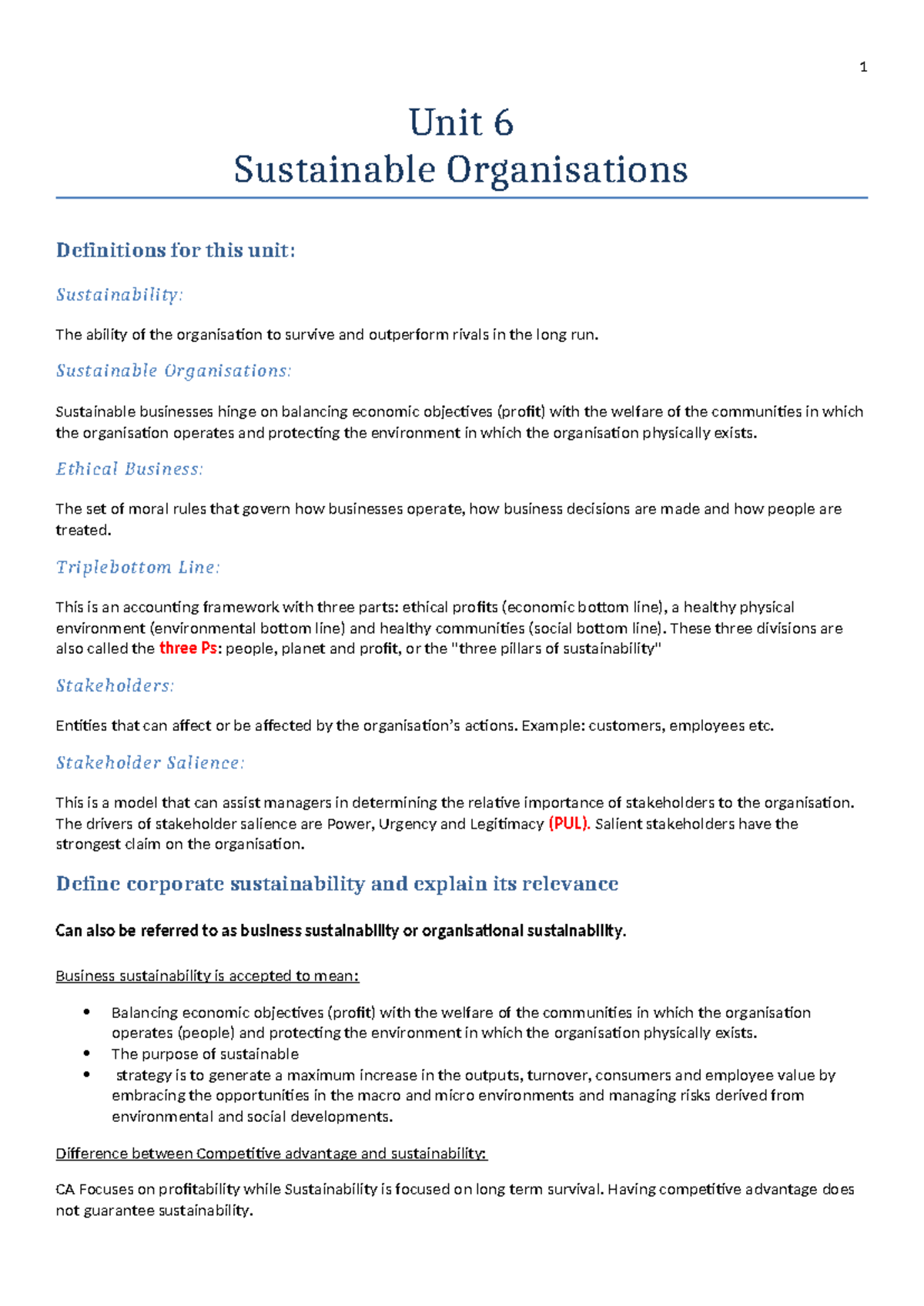 MNG3701 S1 2015 Summary Study Unit 6 - Unit 6 Sustainable Organisations Definitions for this ...