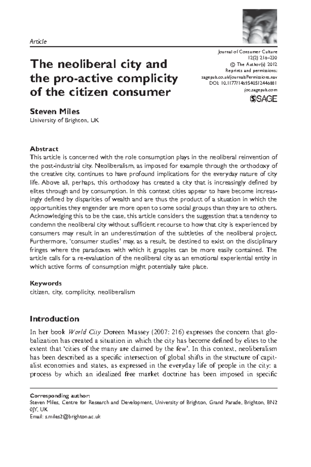 Miles-Neoliberal City - Journal of Consumer Culture 12(2) 216– ! The ...