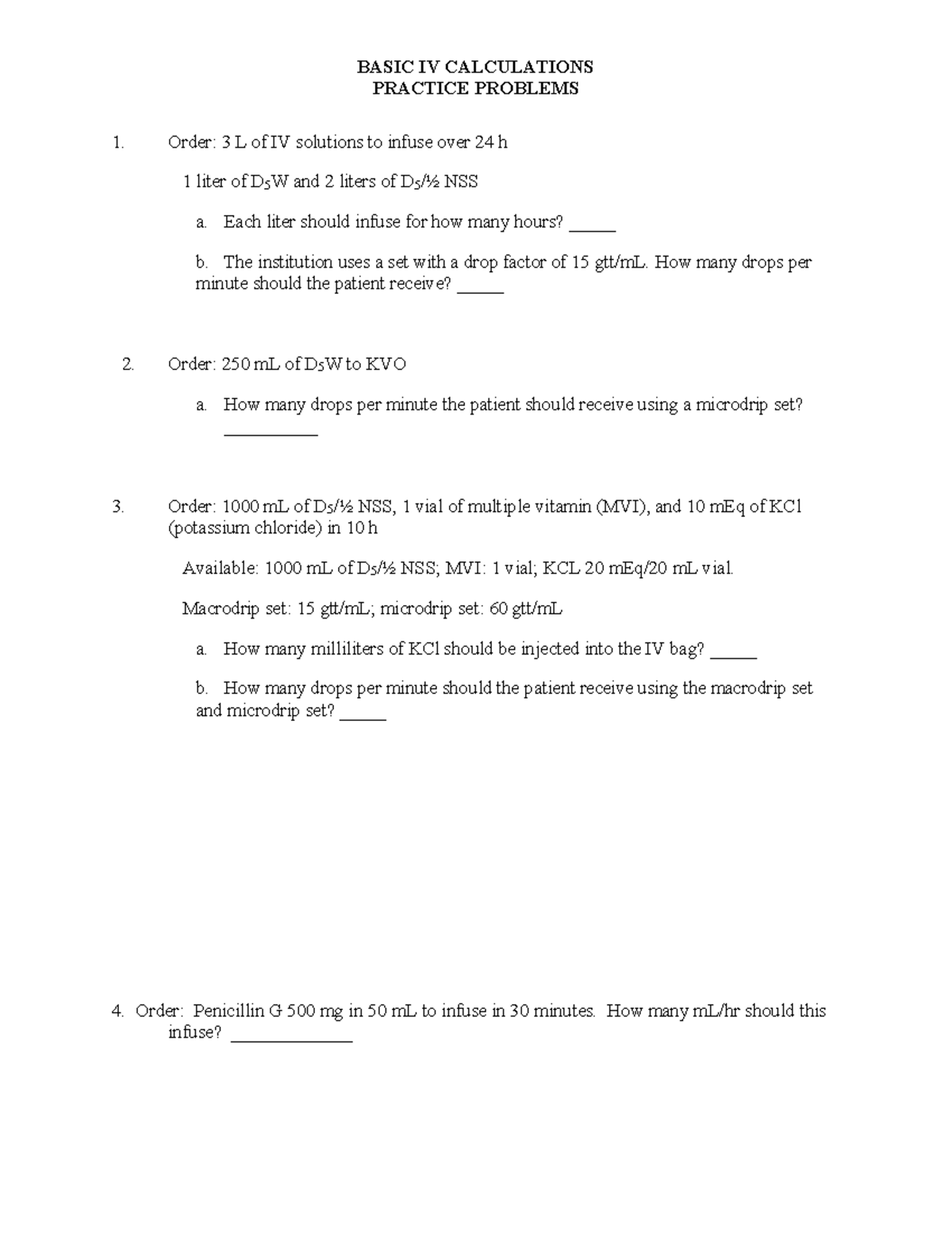 IV Calculations Practice - BASIC IV CALCULATIONS PRACTICE PROBLEMS ...