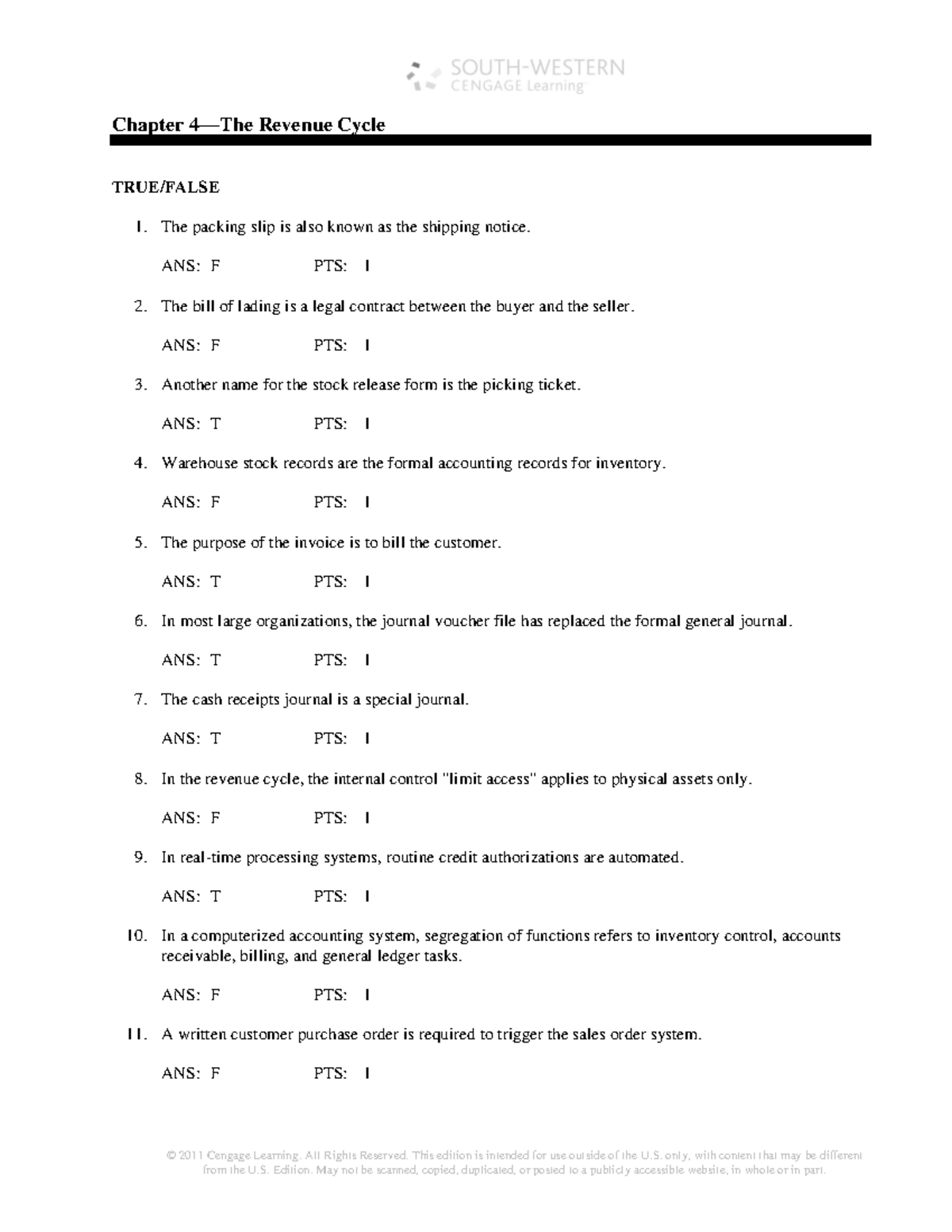 Revenue cycle test bank - © 2011 Cengage Learning. All Rights Reserved ...