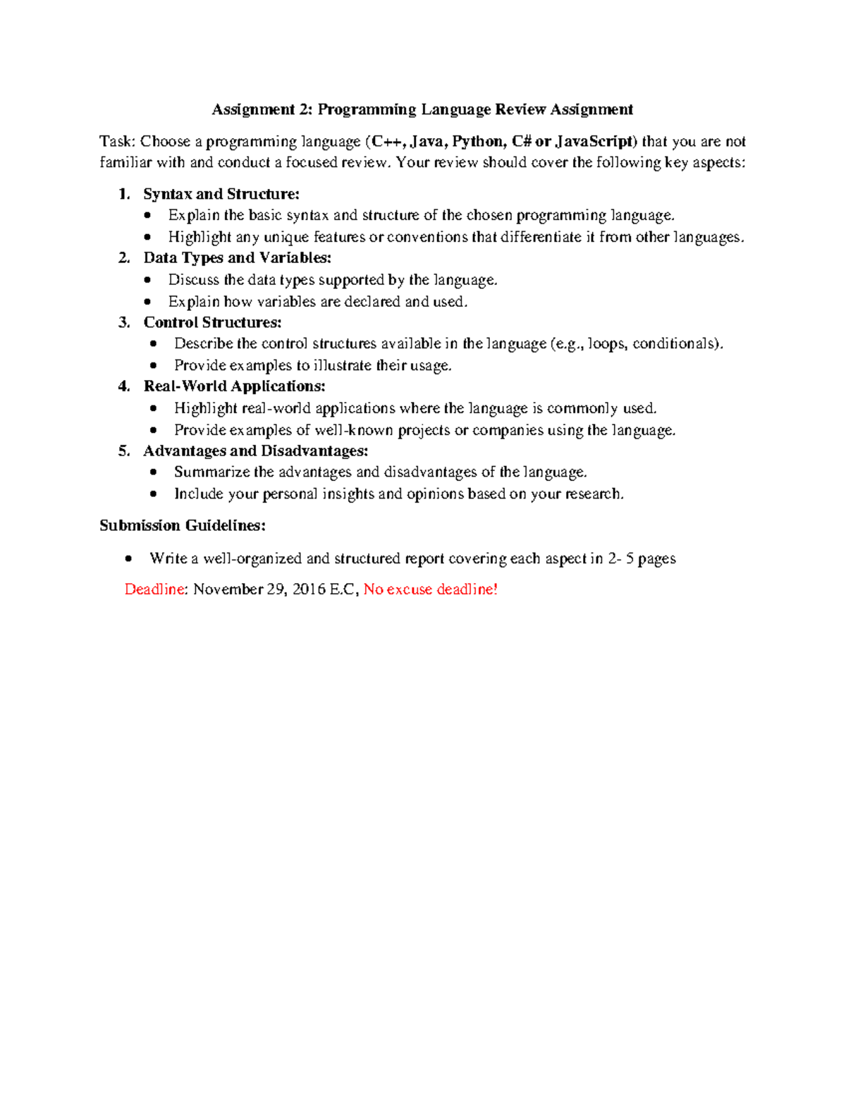 Assignment 2 - nothing - Assignment 2: Programming Language Review ...