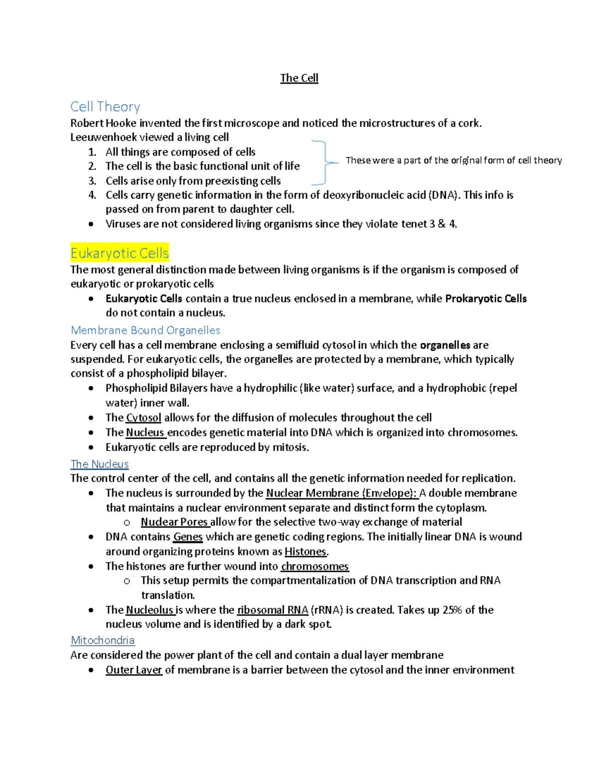 Copy of The Cell - Copy of The Cell Notes - The Cell Cell Theory Robert ...