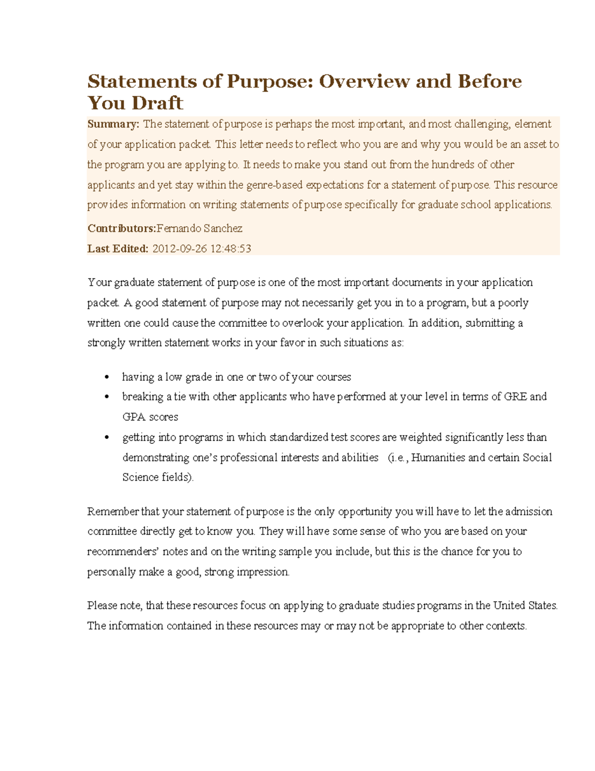 Statements of Purpose - This letter needs to reflect who you are and ...