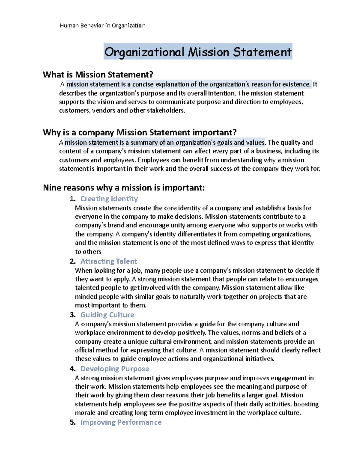 Organizational Mission Statement - Human Behavior in Organization ...