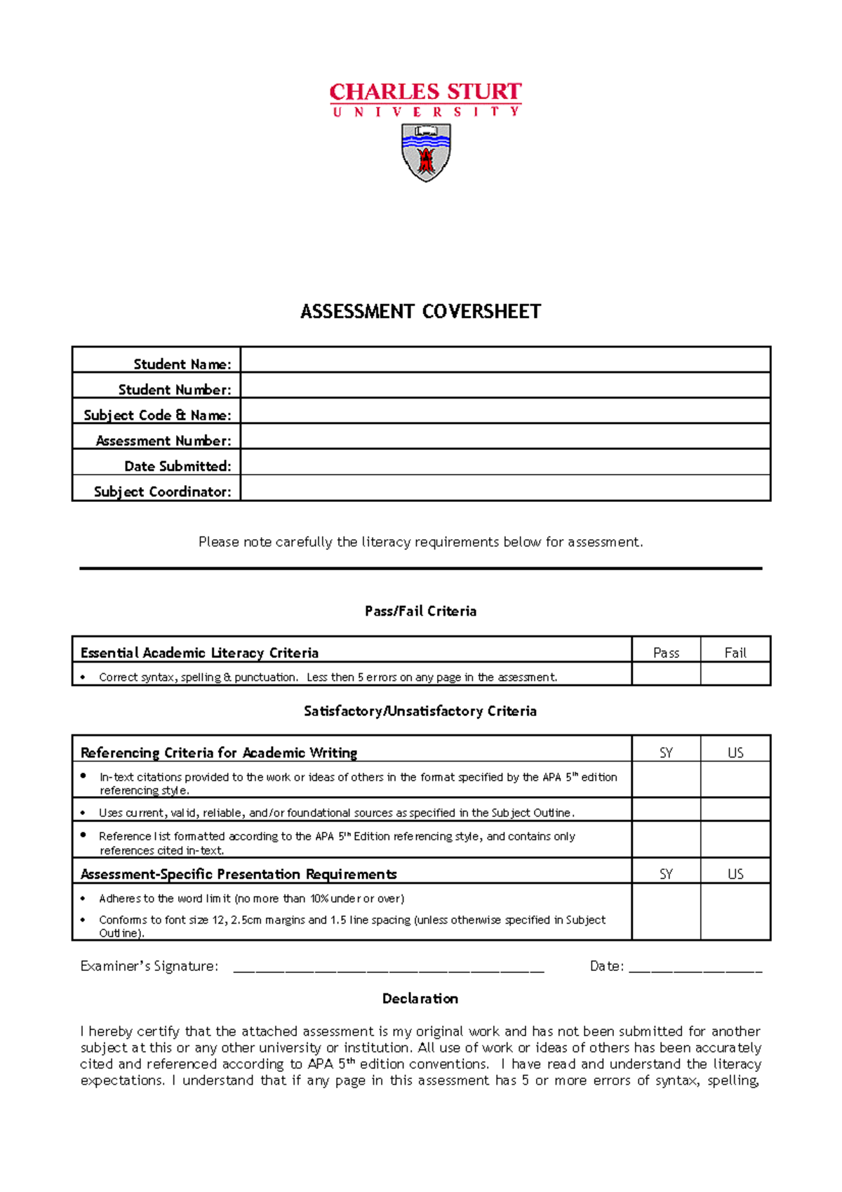 Assessment coversheet - charles sturt univeristy - ASSESSMENT ...