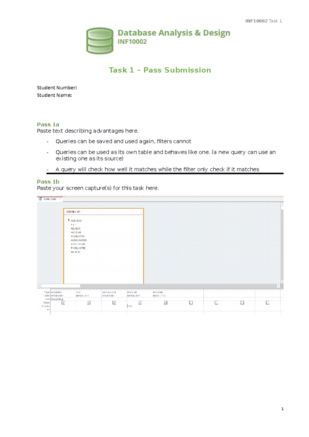 T01P - Taskwork - Task 1 – Pass Submission Student Number: Student Name: Pass 1a Paste text ...