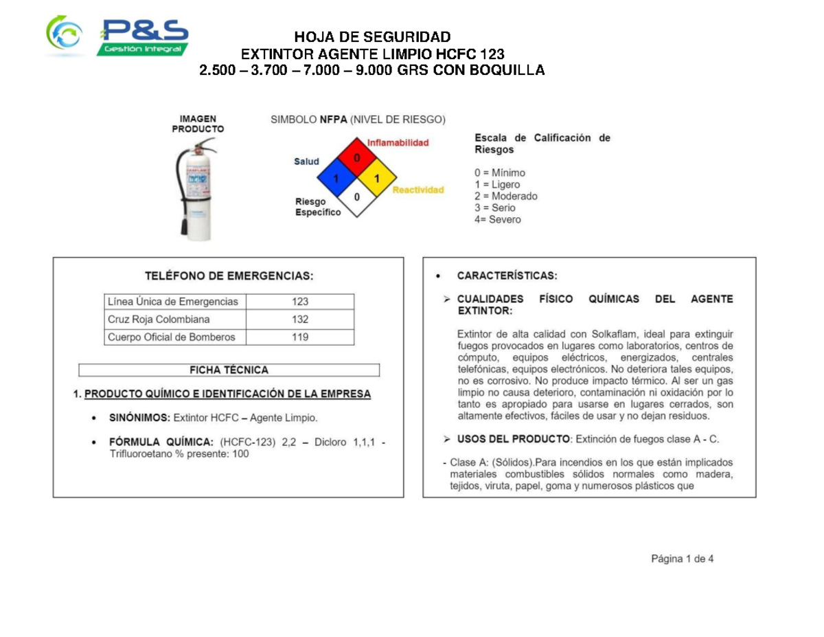 HS Extintor agente limpio HCFC 123 - HOJA DE SEGURIDAD EXTINTOR AGENTE ...