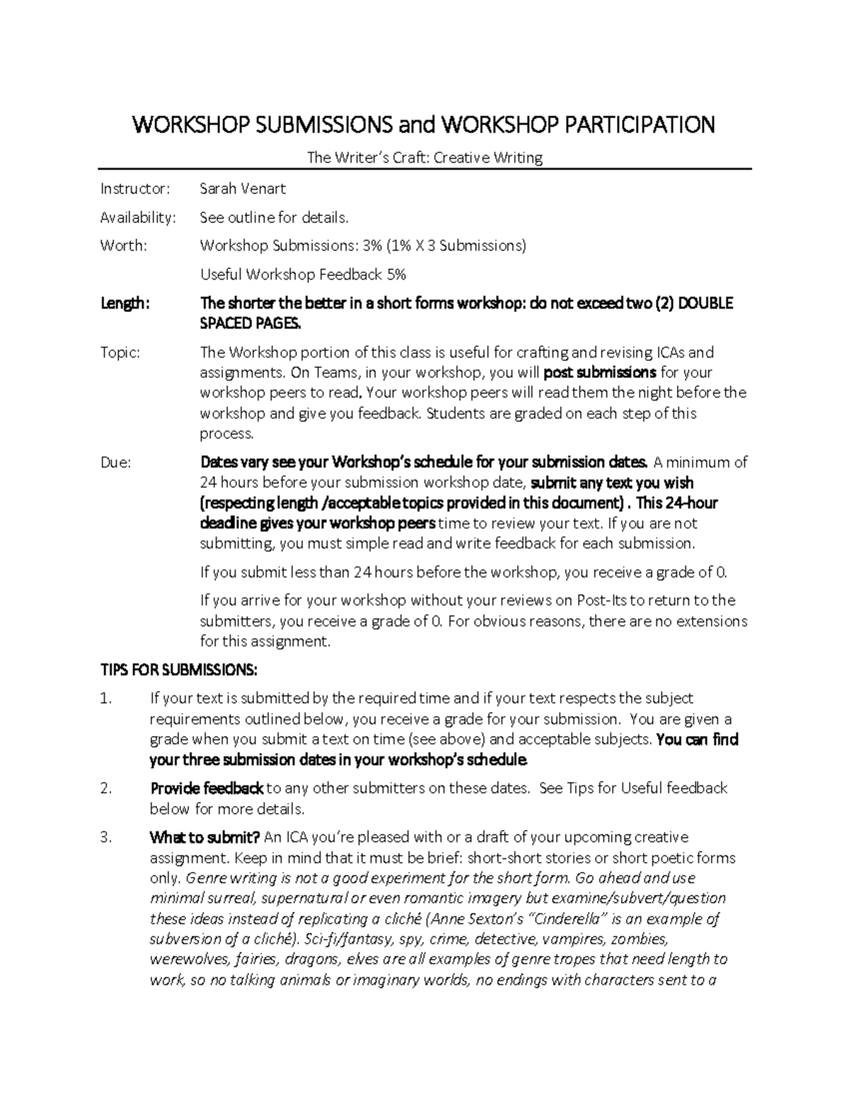 Workshop SUB and Feedback 200 W22 - WORKSHOP SUBMISSIONS and WORKSHOP ...