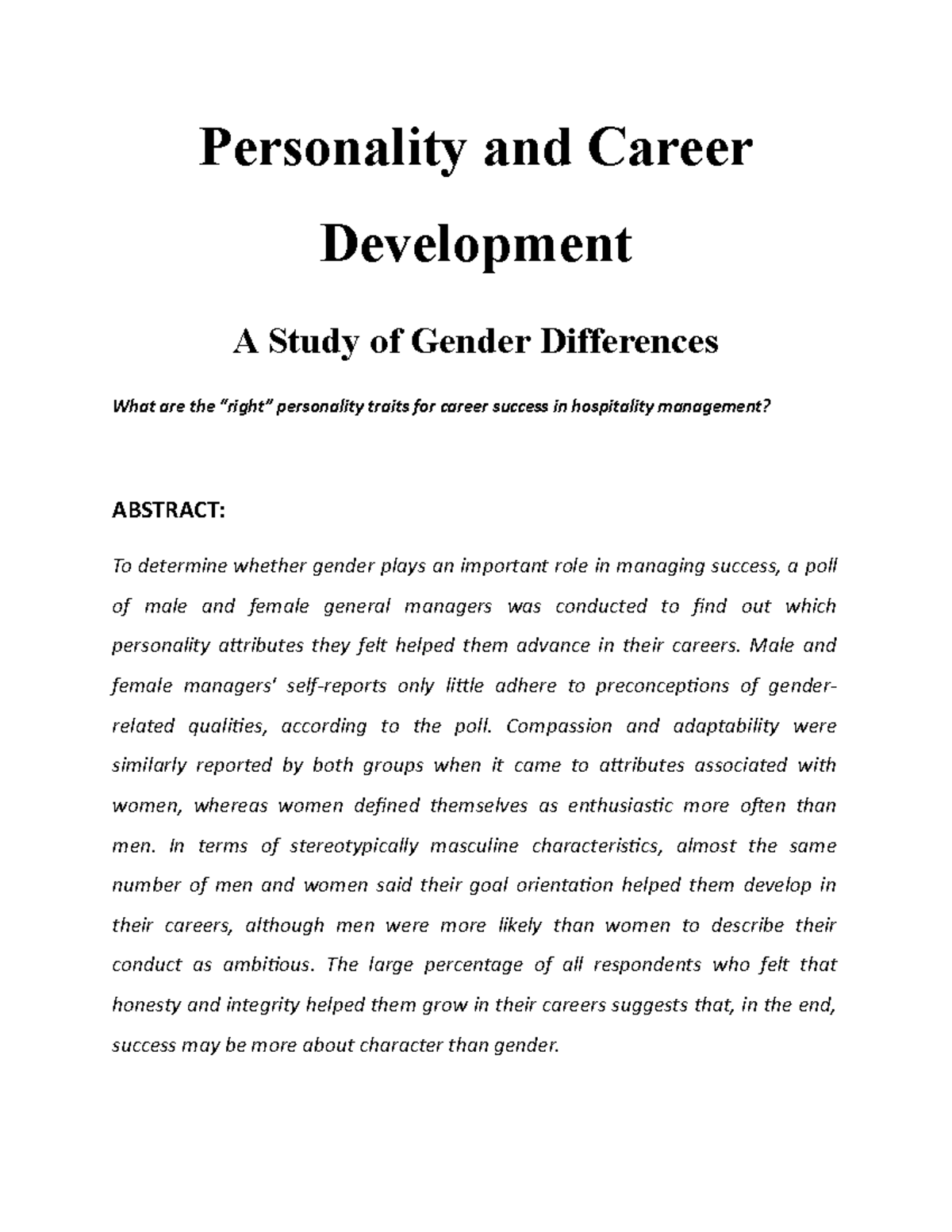 Final Research Project - Personality and Career Development A Study of ...
