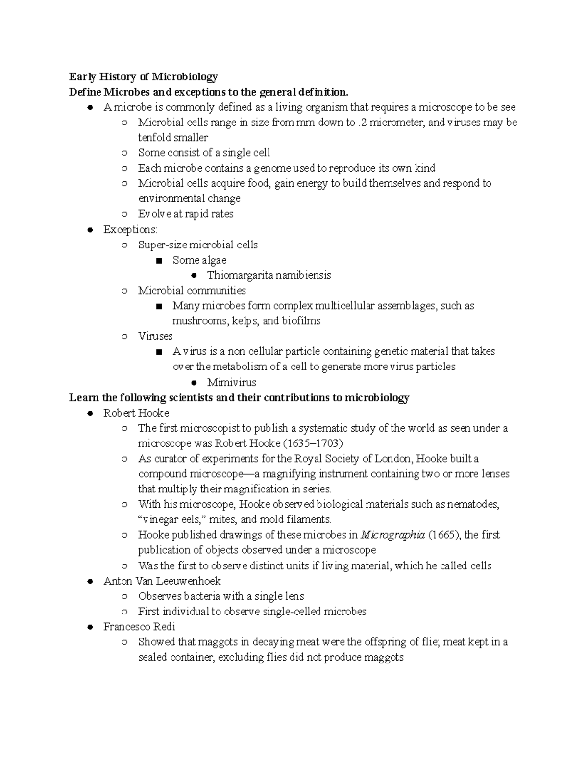 EXAM 1 Study Guide - Early History of Microbiology Define Microbes and ...