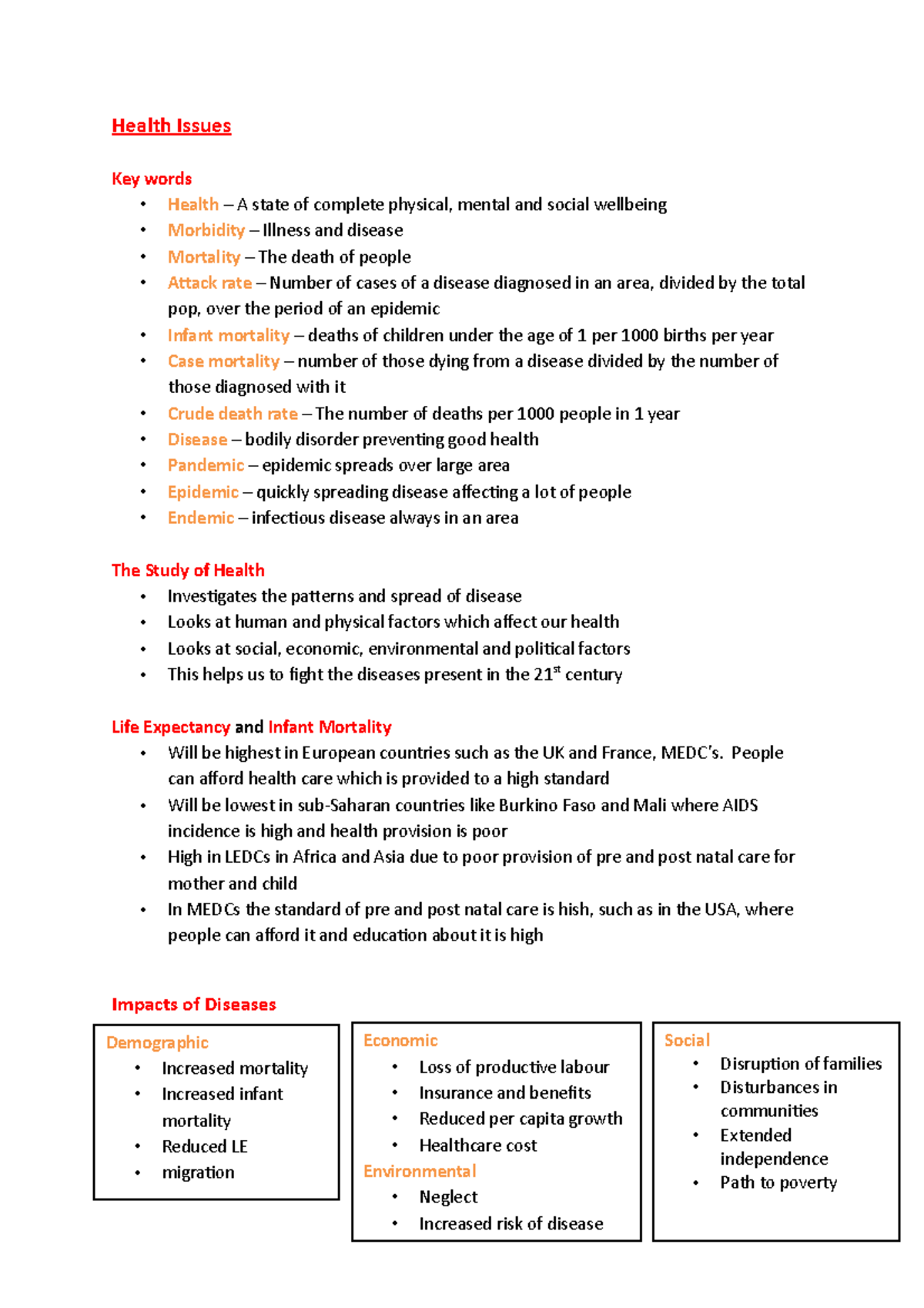 Health Issues - Notes - Health Issues Key words - Health – A state of ...