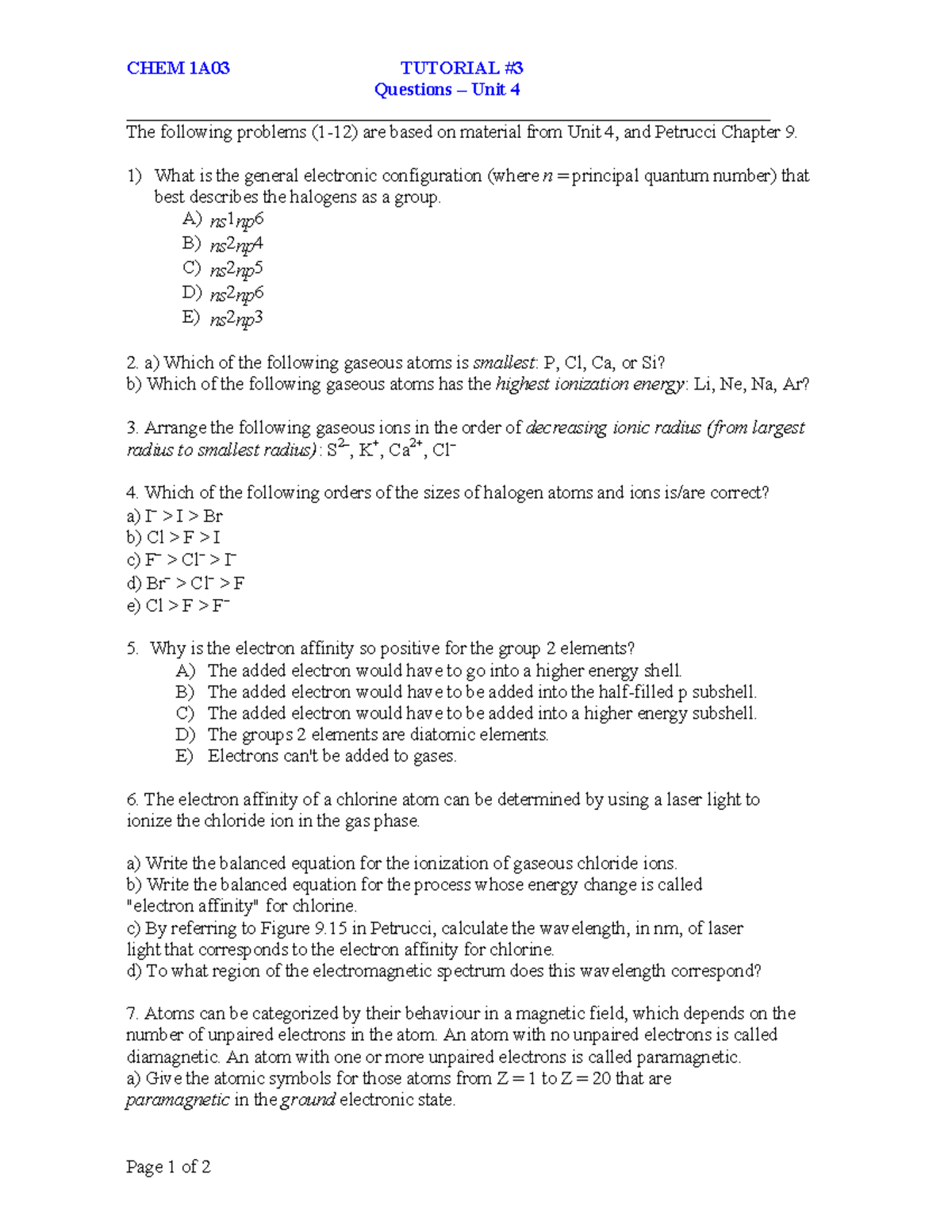 Chem 1A03 Tutorial 3 Questions - CHEM 1A03 TUTORIAL Questions – Unit 4 ...