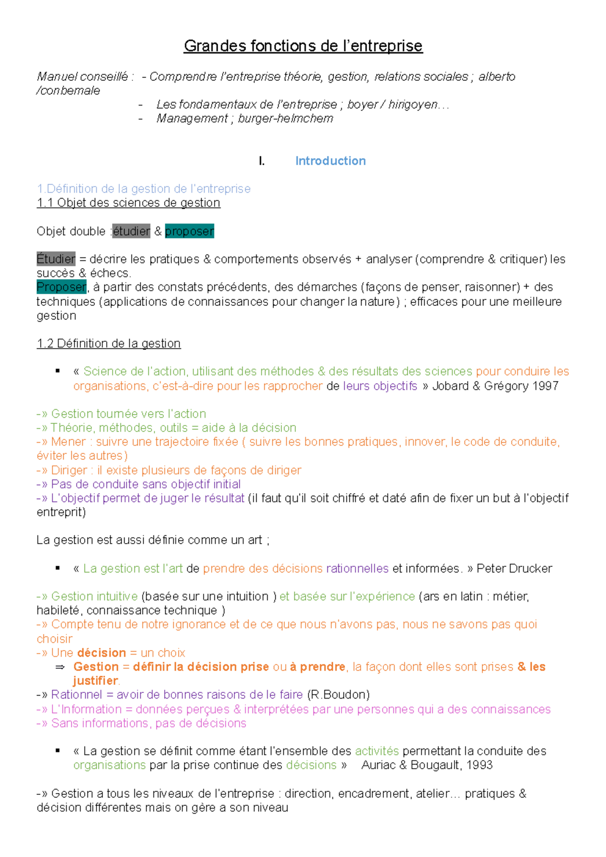 GFE Chap 1 fonction de direction - Grandes fonctions de l ’ entreprise Manuel conseillé ...