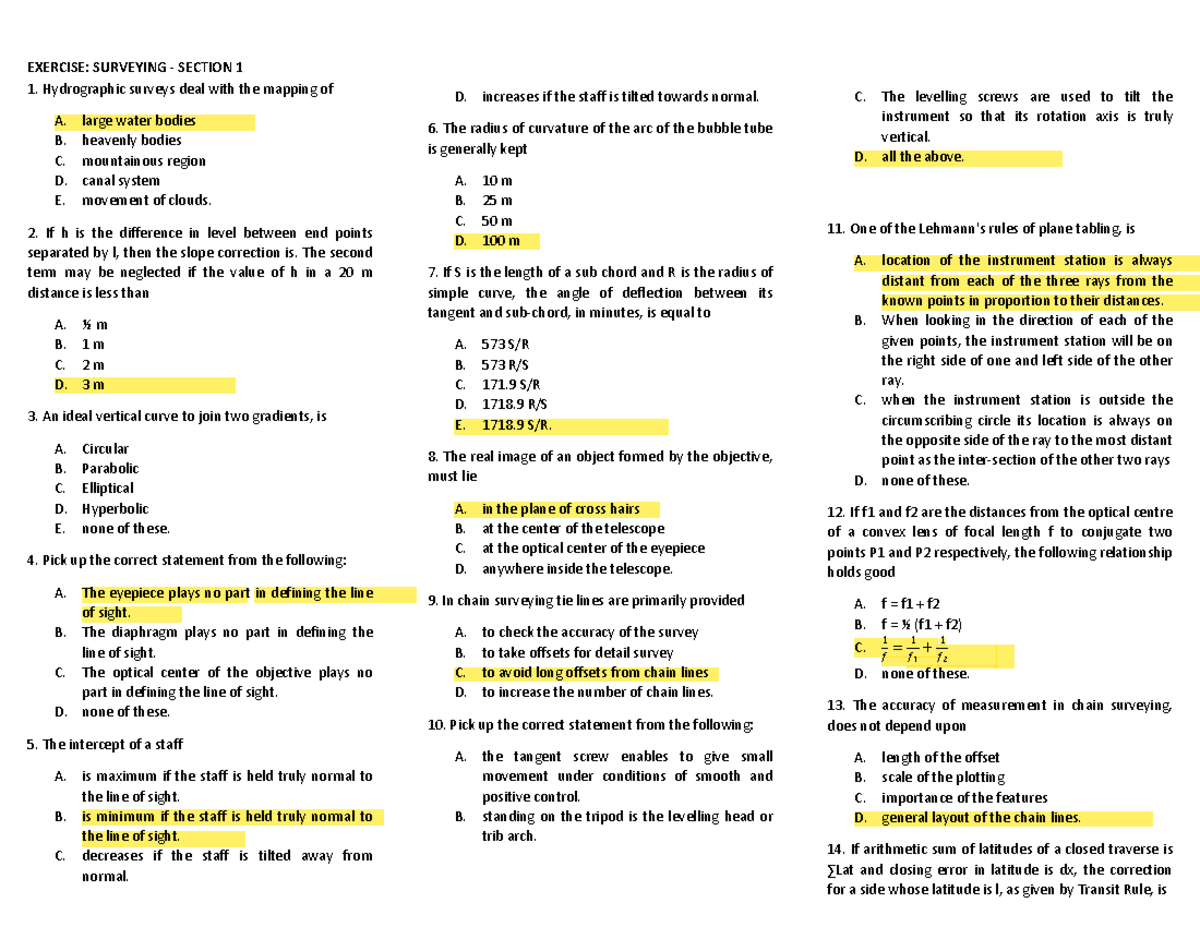 Indiabix MCQ ( Surveying & ECON) - EXERCISE: SURVEYING - SECTION 1 ...