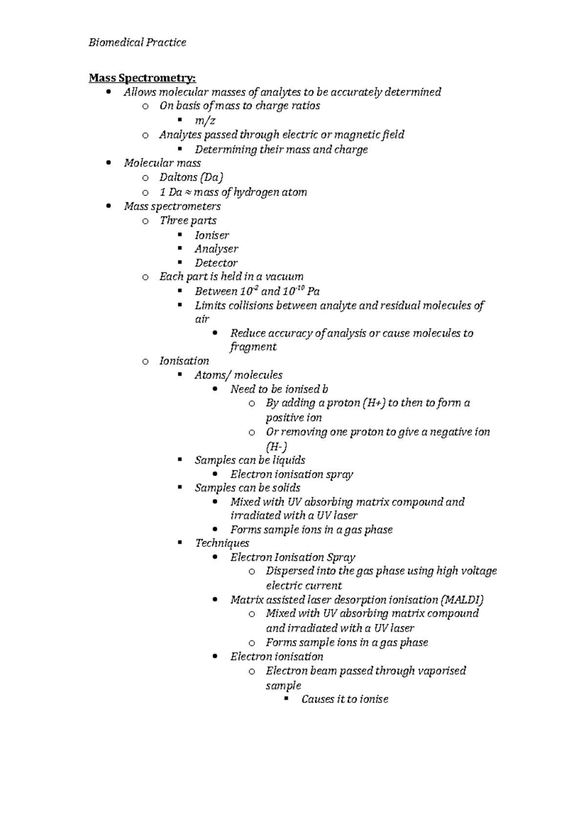 Mass Spectrometry Lecture Notes - Mass Spectrometry: Allows molecular ...