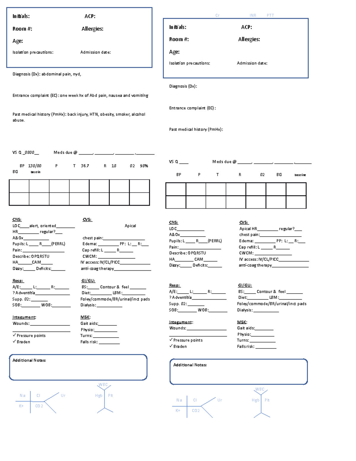Clinical worksheet - Initials: ACP: Room #: Allergies: Age: Isolation ...