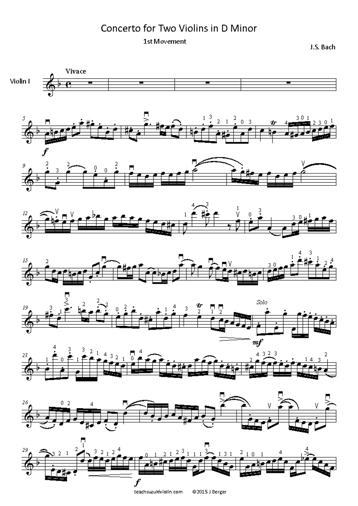 Concerto for Two Violins by JS Bach 1st mvt Violin I - & b c ∑ Vivace ∑ ...