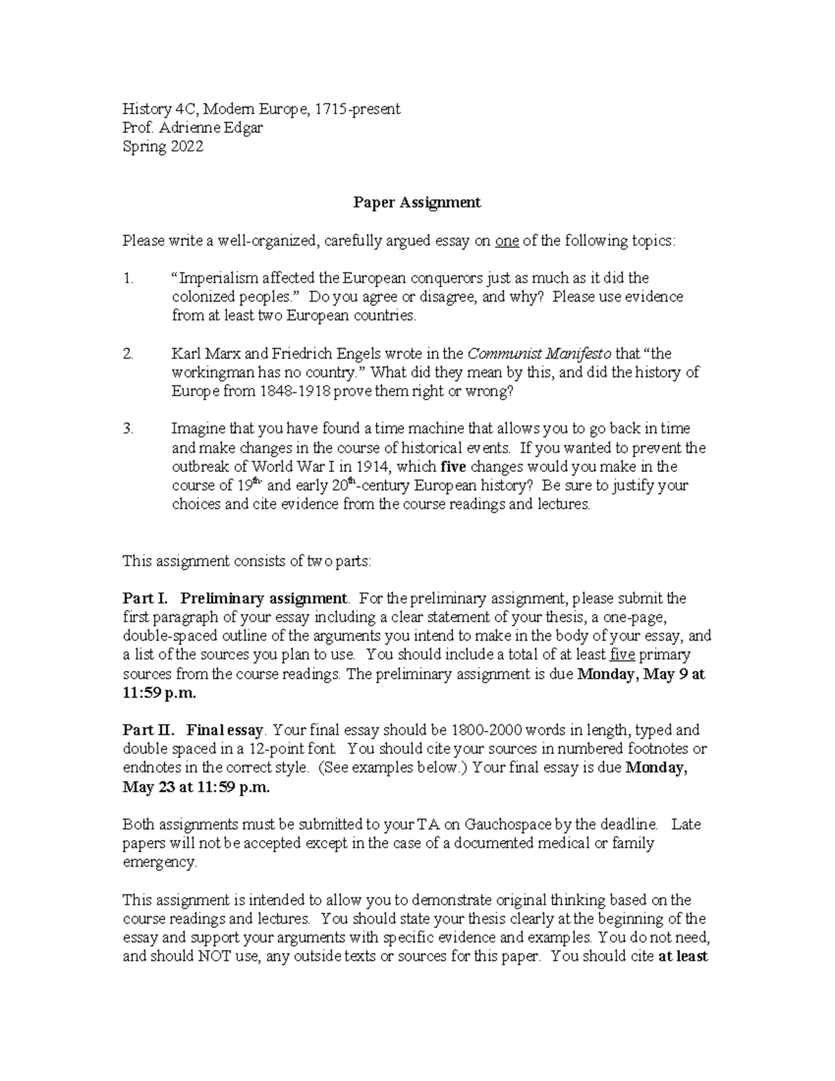 4C paper assignment - History 4C, Modern Europe, 1715-present Prof ...