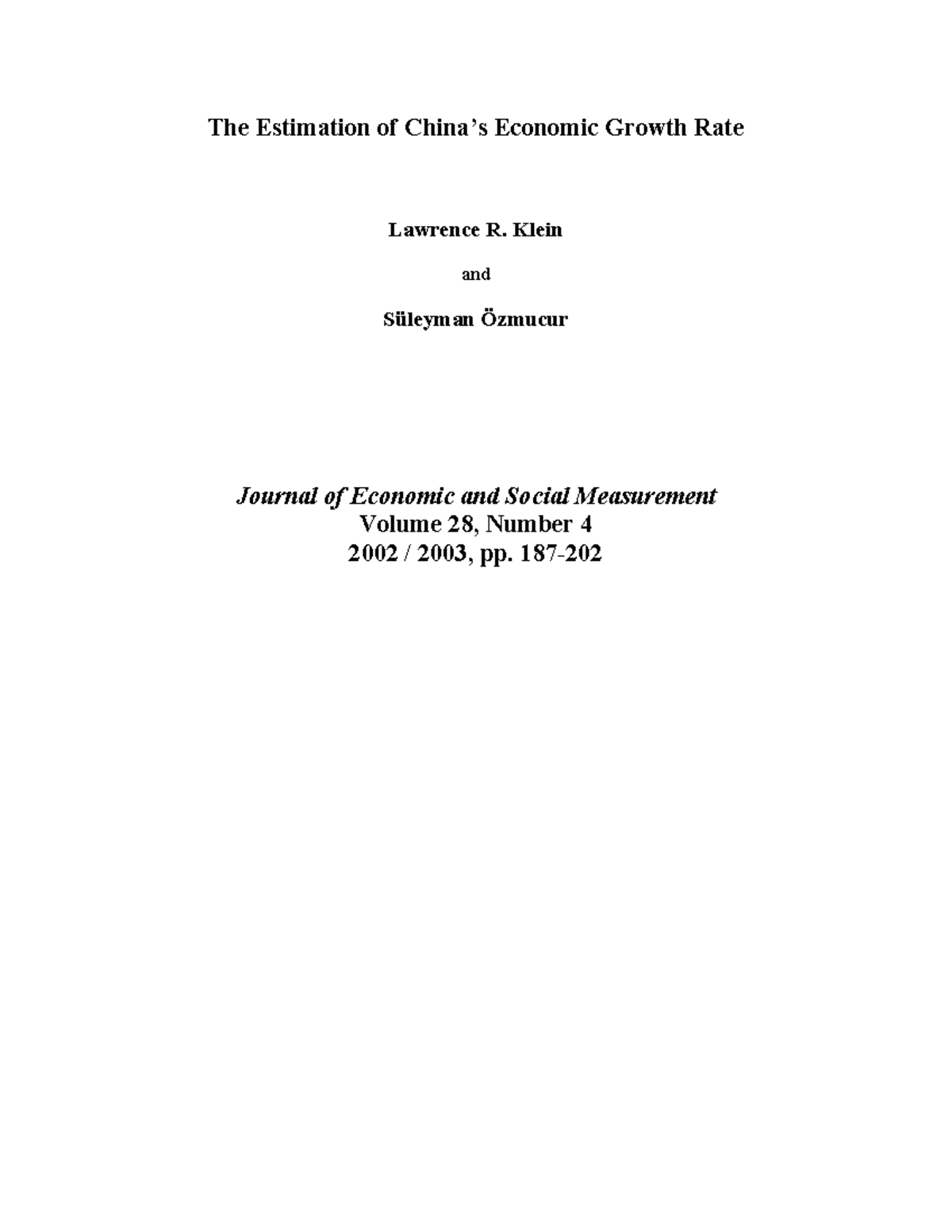 Lawrence R. Klein chnina - The Estimation of China’s Economic Growth ...