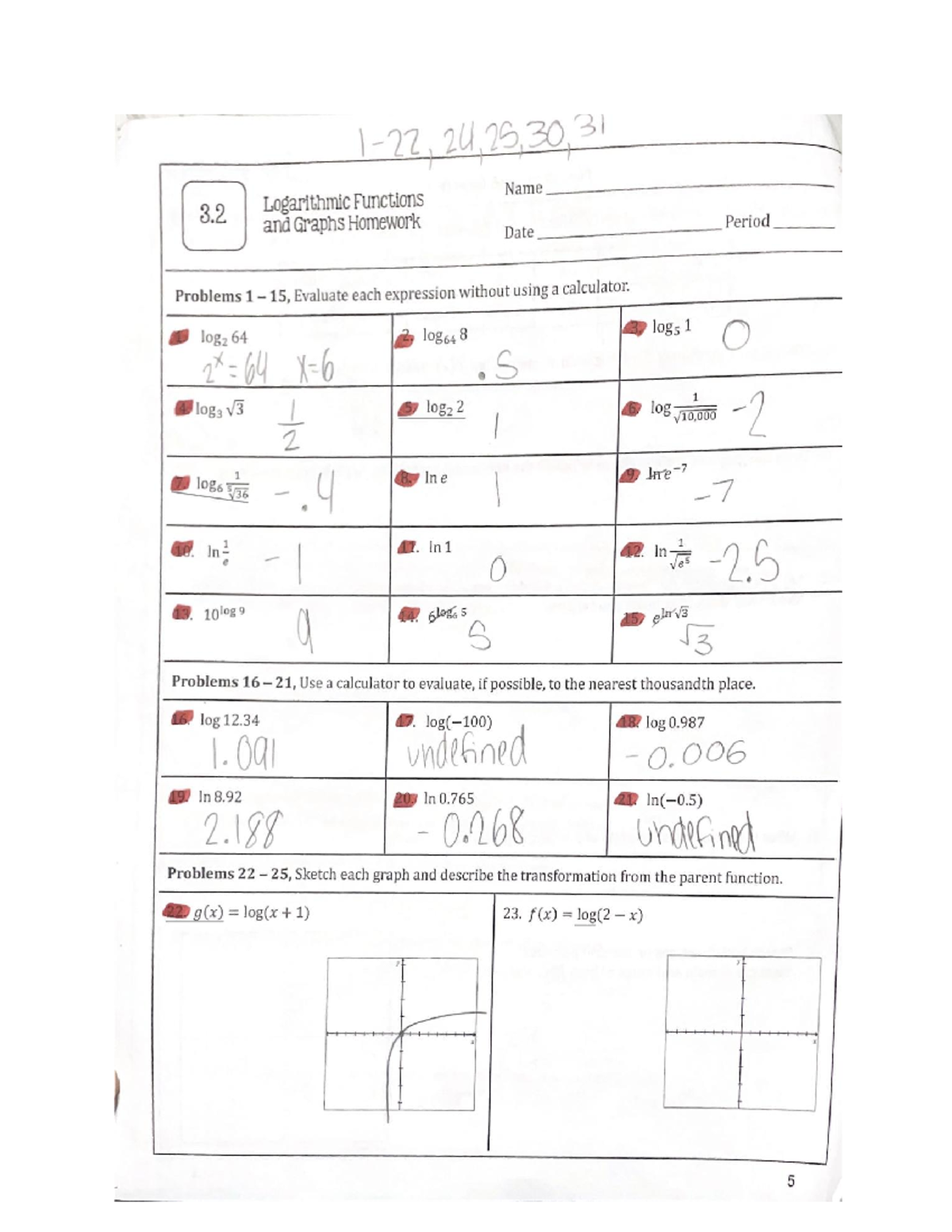 Logarithmic Functions and Graphs Homework - MTH 130 - Studocu