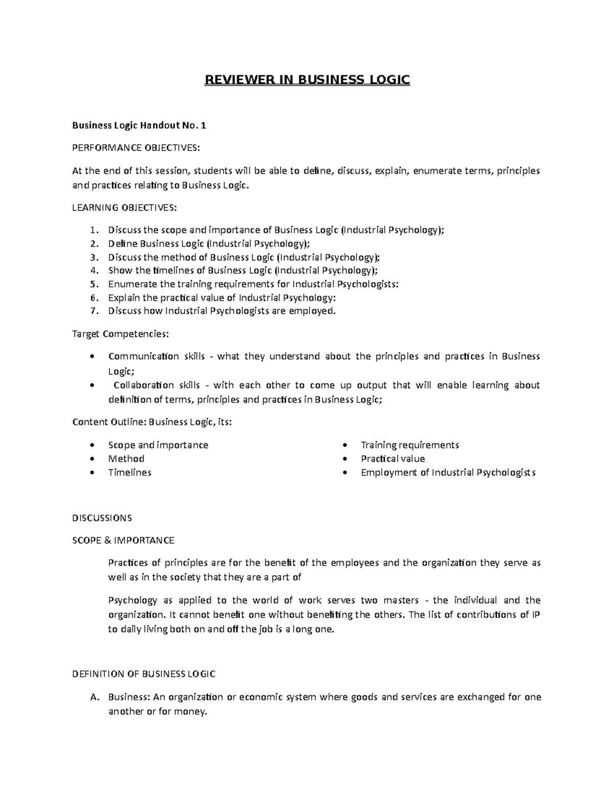 Pdfcoffee - Lecture notes 1 - REVIEWER IN BUSINESS LOGIC Business Logic ...