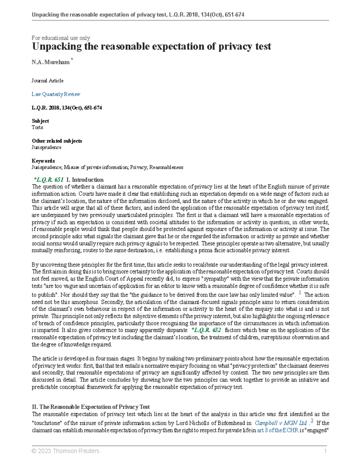 Unpacking the reasonable expectation of privacy test - Moreham ...