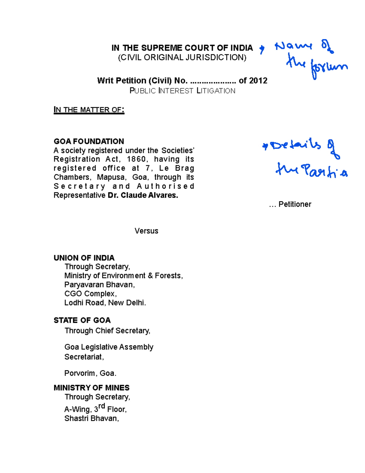 Pil - IN THE SUPREME COURT OF INDIA (CIVIL ORIGINAL JURISDICTION) Writ ...