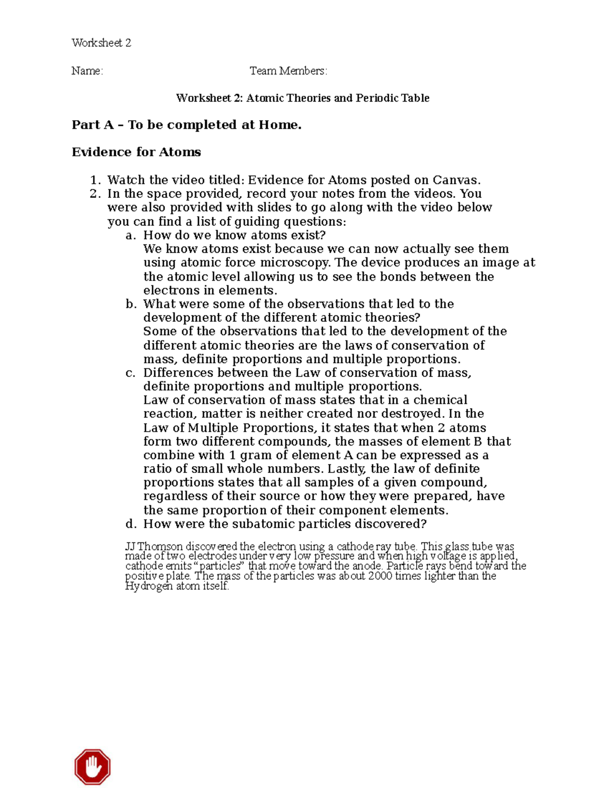 Worksheet 2 Atomic Theory & Periodic Table - Worksheet 2 Name: Team ...