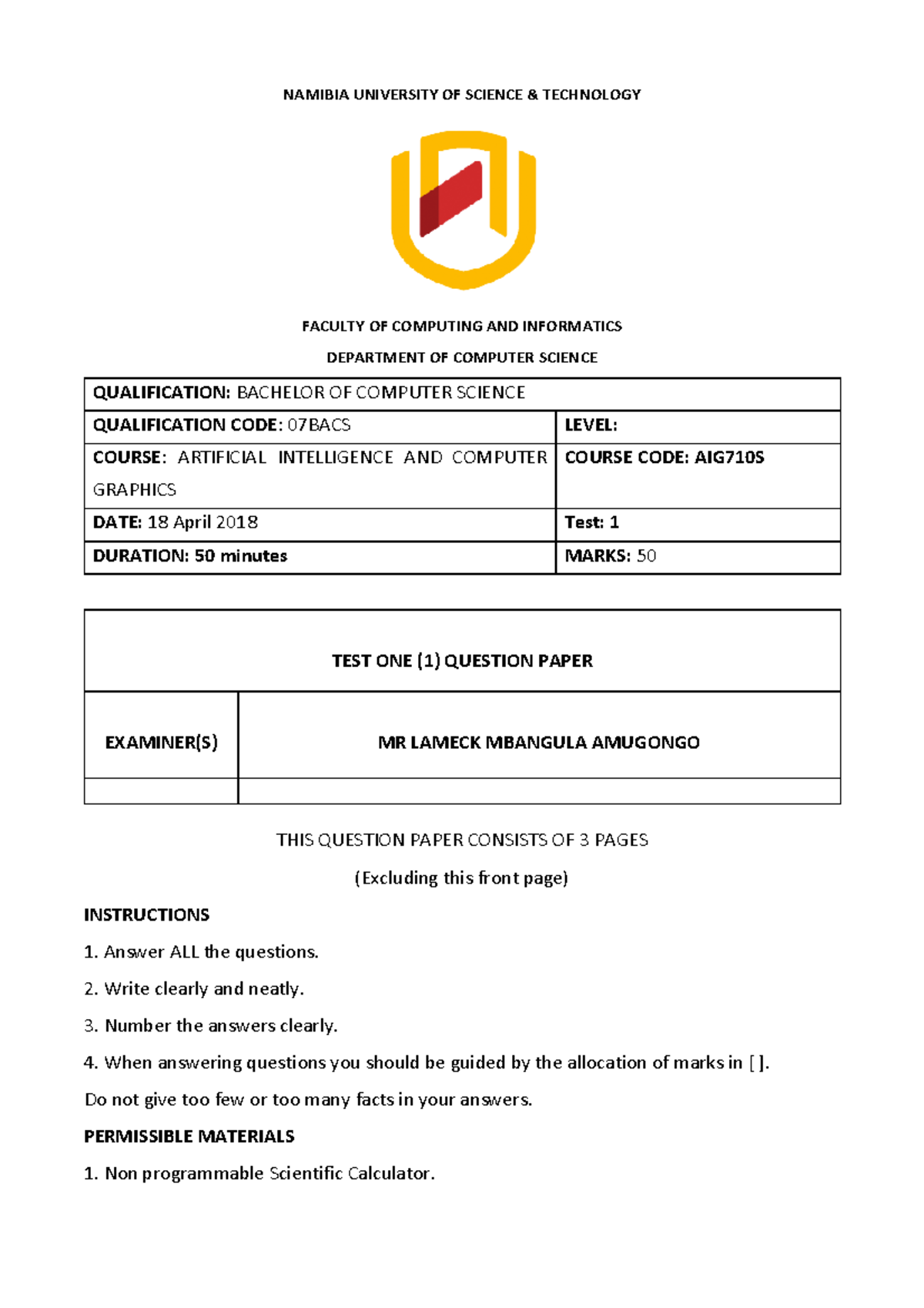 AIG Test two Solutions - NAMIBIA UNIVERSITY OF SCIENCE & TECHNOLOGY ...
